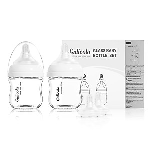 Gulicola Natural Glass Baby Bottle for Newborn Breastfeeding Babies, Preemie & Extra Slow Flow Nipples (SS), Anti-Colic, Breast-Like, 0 Months+, 3 oz, 2 Pack - White