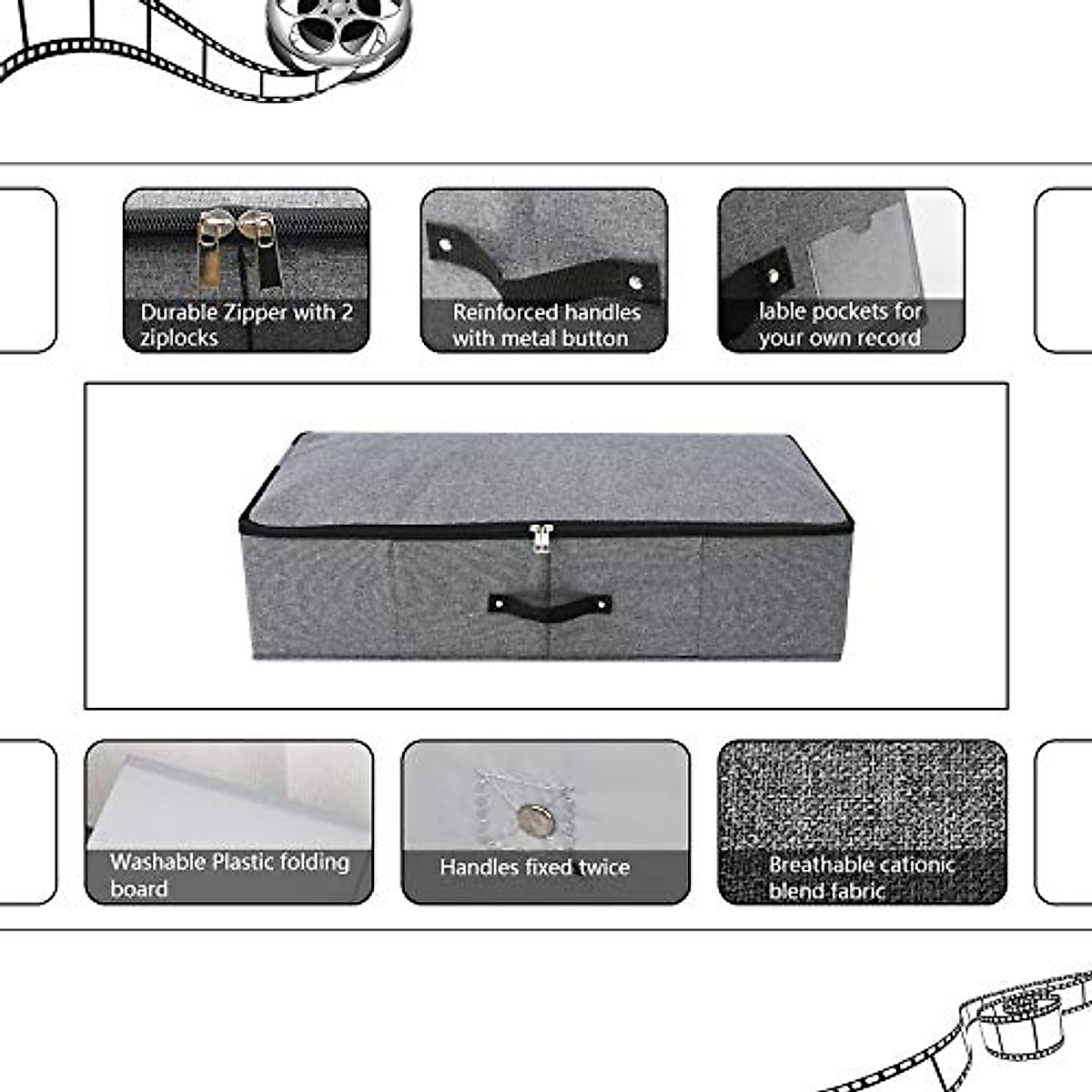 2PCS Foldable Under Bed Storage Box with Plastic Support Liner, Handles, Zipper lid, Blankets Clothes Comforters Storage Bin Organizer for Bedroom and Closet, 29×15×7inch, Black Grey