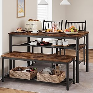 IDEALHOUSE Dining Table Set for 4, Kitchen Table and 2 Chairs with Storage Bench, 47.2" Rectangular Kitchen Table Set with Wine Rack, Dining Room Table Set for Small Space, Apartment, Rustic Brown