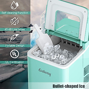 COSTWAY Countertop Ice Maker, 26Lbs/24H Portable Ice Machine with Self-Cleaning Function, Bullet Ice Cubes Ready in 8 Mins, Scoop and Removable Basket,Ice Maker for Home Party Bar, Green