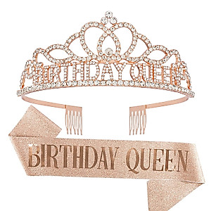 Chanaco Rose Gold Birthday Crowns, Sash and Tiara Set for Women - Happy Birthday Decorations