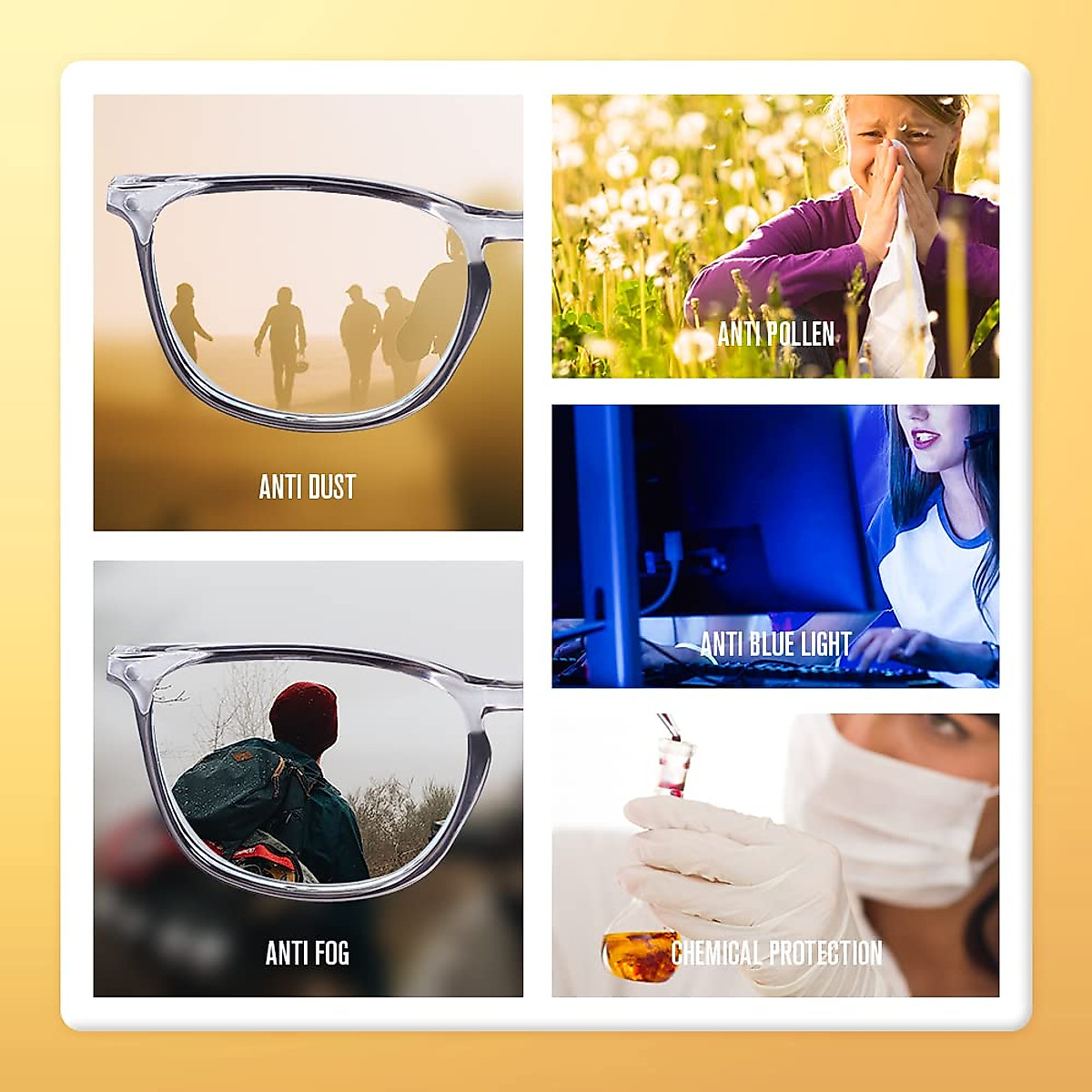 4-Pack Fashion Safety Glasses Goggles Anti Fog for Women Man Ansi Z87.1 Safety Glasses Anti Blue Light / Anti-Scratch / Anti-pollen Protective Eyewear for Nurse Dental and Daily Use Reading Available