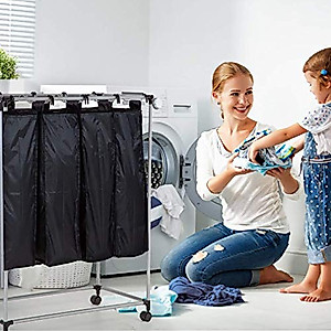 4 Laundry Sorter with Baskets Large Laundry Hamper Sorter Canvas Rolling Laundry Sorter Cart with Wheels 4-Bag Heavy Duty Removable Bags Brake Casters Organizer for Laundry Room Silver Plating,Black