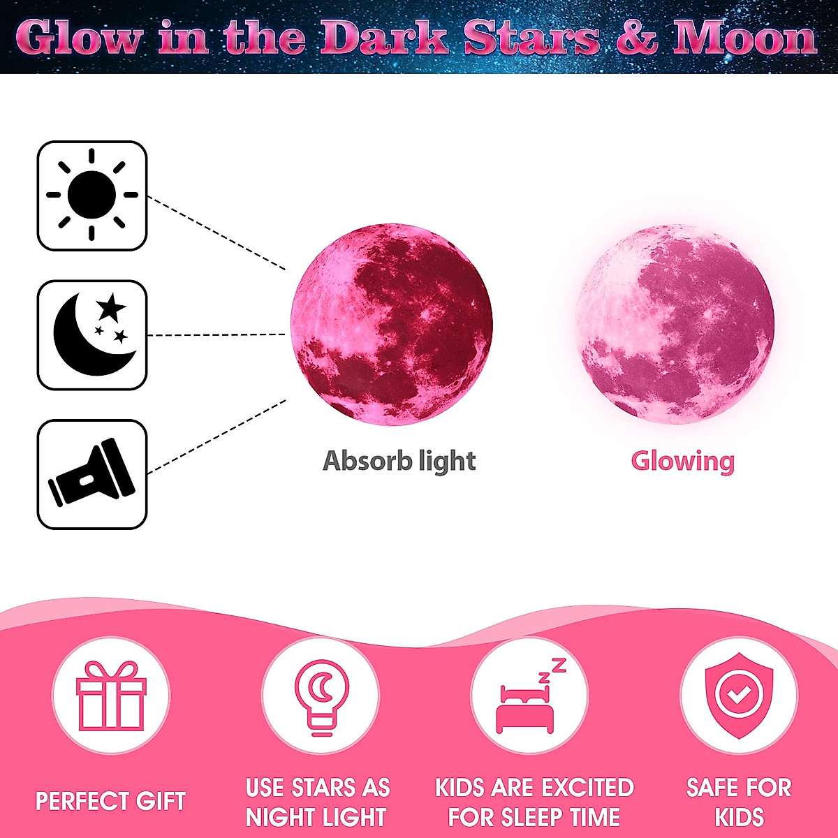 Zonon 1630 Pieces Glow in The Dark Ceiling Star Glow in The Dark Moon and Stars Wall Decals Luminous Stickers for Bedroom Boys Girls Nursery Living Room (Fluorescent Pink)