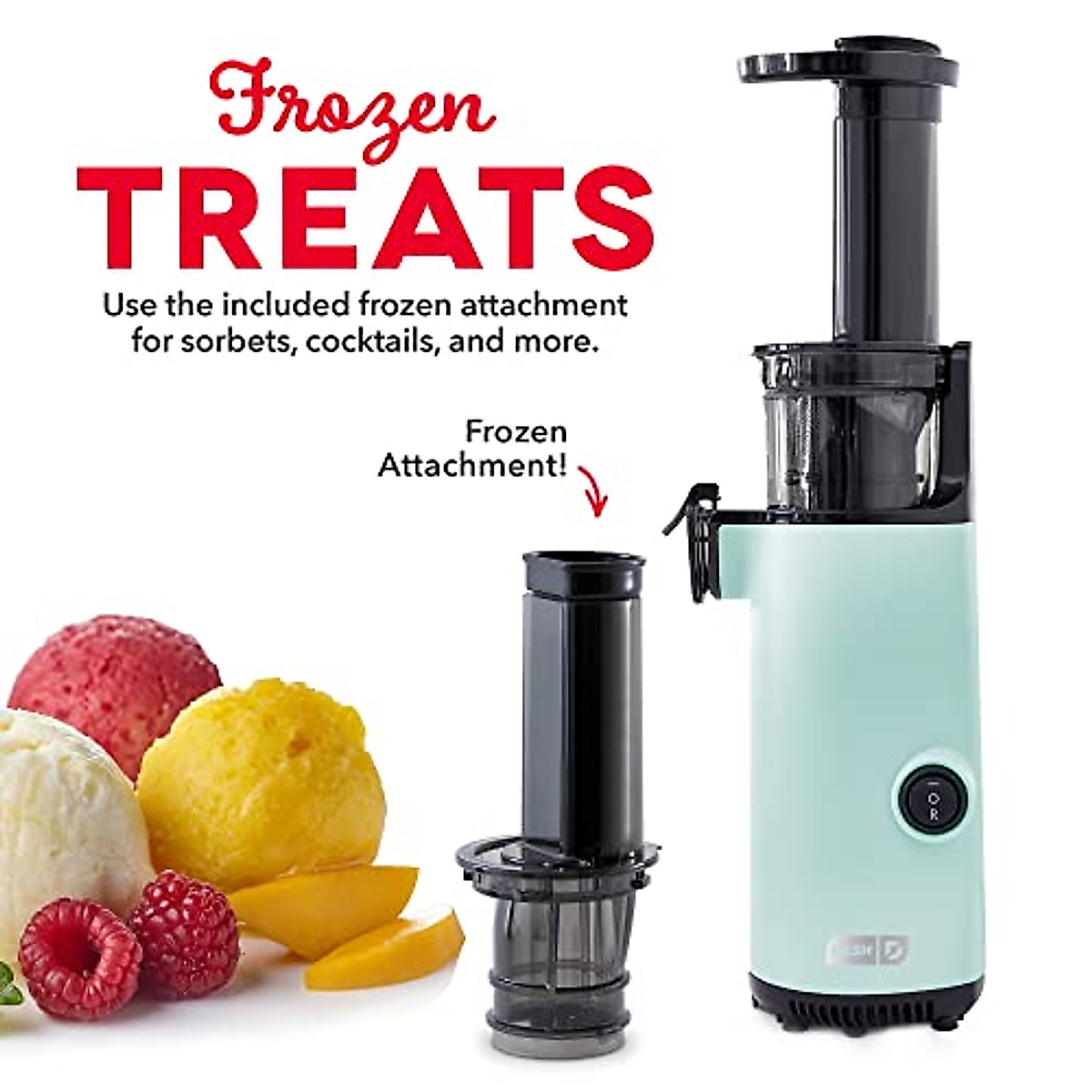 DASH Deluxe Compact Masticating Slow Juicer, Easy to Clean Cold Press Juicer with Brush, Pulp Measuring Cup, Frozen Attachment and Juice Recipe Guide - Aqua