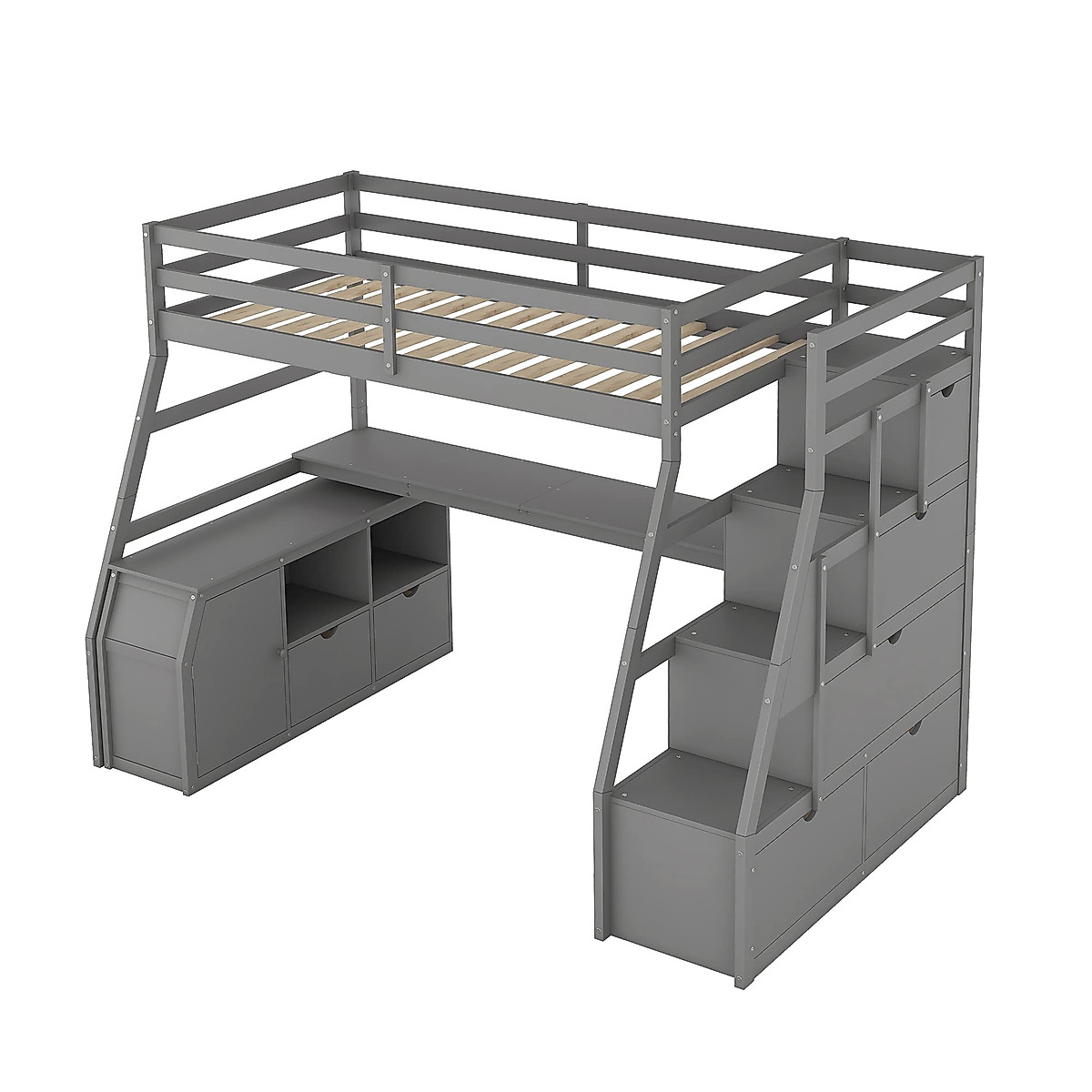 Merax Loft Bed Twin Size, Wooden Frame with Desk and Storage, Space-Saving Design with Convenient Multi-Drawers & Cabinet, for Teens Adults (Grey)