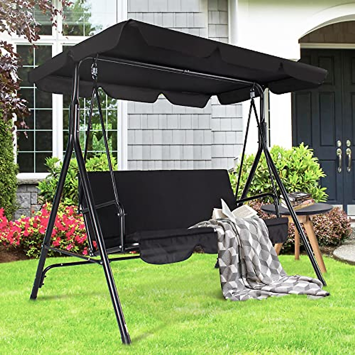 COVERONICS 3-Person Porch Swing Chair, Patio Swing Chair with Adjustable Canopy Outdoor Swing with Steel Frame for Yard, Lawn, Garden, Pool (Black)