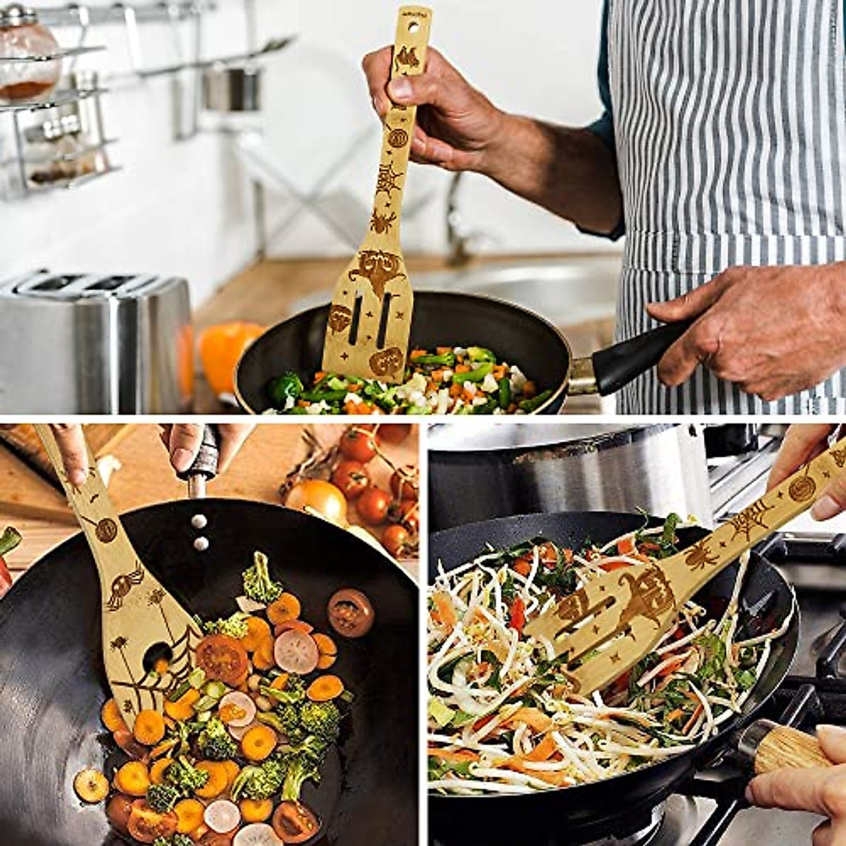 Nialnant Halloween Wooden Kitchen Utensil Set with Storage Bucket, Wooden Spoons for Cooking,Non-Stick Bamboo Cooking Utensils,Fun Gift Ideas for Women - Witch Pattern