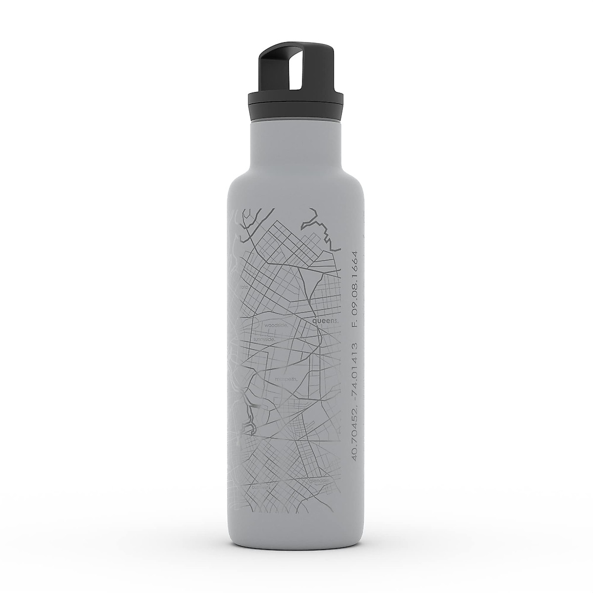 Well Told Engraved New York City Map Insulated Water Bottle, Etched Stainless Steel Bottle (21 oz, Dockside Gray) City Map Insulated Bottle, Custom Insulated Water Bottle, Outdoor Drinkware