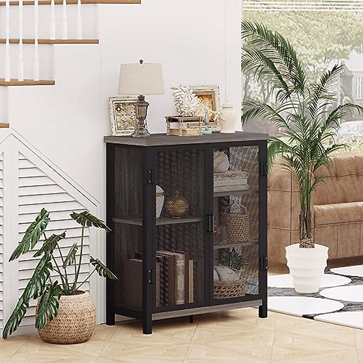 BON AUGURE Industrial Coffee Bar Cabinet with Storage, Farmhouse Wood Metal Accent Cabinet with Shelves, Rustic Small Sideboard Buffet for Kitchen and Dining Room (Dark Grey Oak)