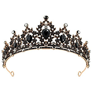 CAVETEE Black Crown for Women Gothic Crown Headpiece Halloween Decorations Birthday Tiara Vintage Rhinestones Black Baroque Queen Crown Wedding Bridal Crown Black Tiaras and Crowns for Women Girls