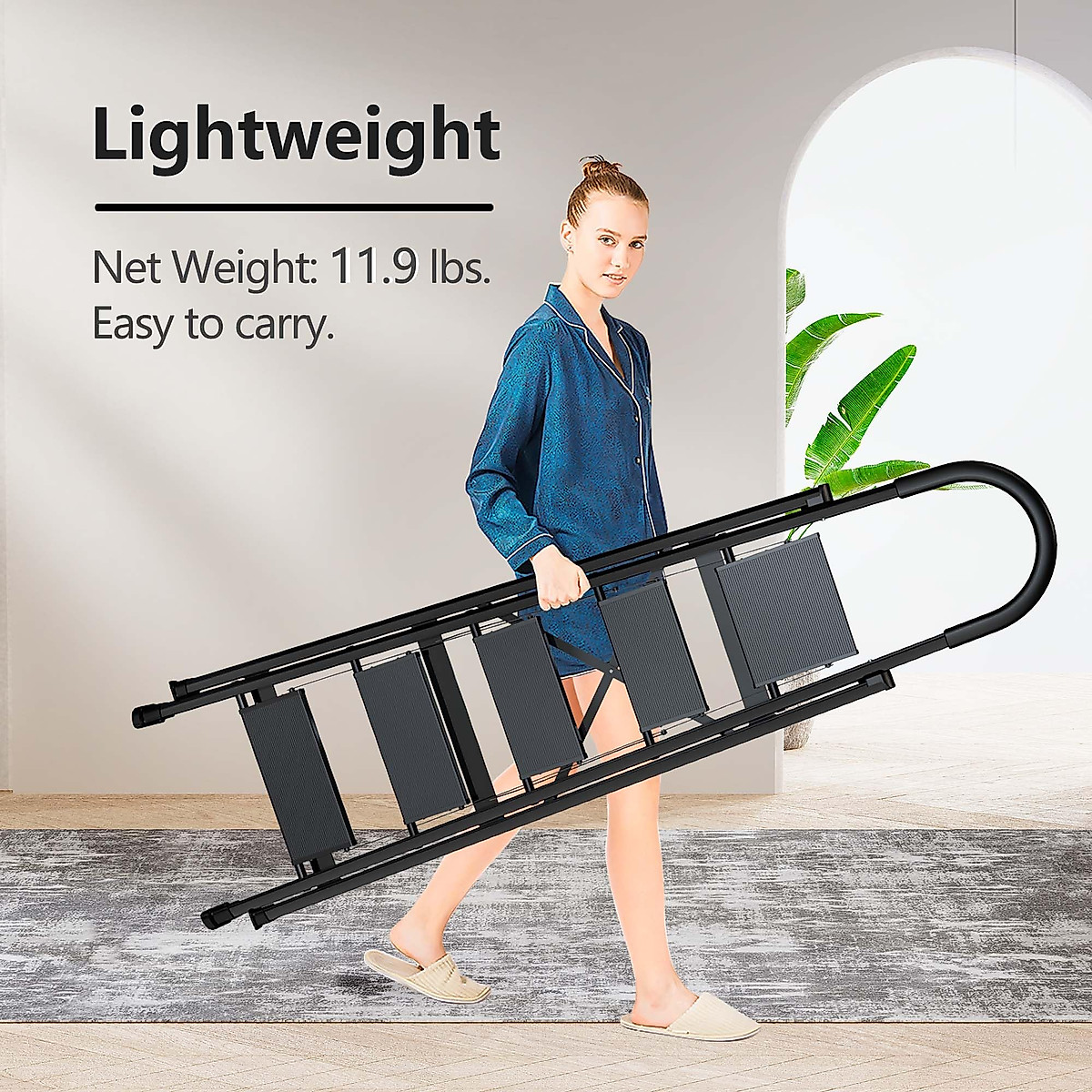 GameGem Lightweight Aluminum 5 Step Ladder Folding Step Stool with Convenient Handgrip Stepladders for 10 Foot High Ceiling with Anti-Slip and Wide Pedal for Home Use Space Saving - Brown Gold