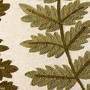 Creative Co-Op White Rectangle Cotton Pillow with Embroidered Green Ferns