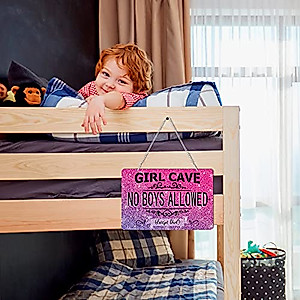 Hotop Girl Cave Metal Sign Funny No Boys Allowed Except Dad Sign Girl Room Wall Door Sign Decor with Chain for Teen Girls Daughter Bedroom Door Wall Decoration, 12 x 8 Inch