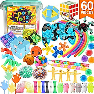 Fidget Sensory Toy Pack with Stress Balls for Kids, Teens and Adults, 60 Pack Figit Toys for Therapy Office Decor and Calm Corner Classroom, Fun Fidgeting Game for ADHD, Autism, Stress and Anxiety