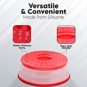 Microwave Cover for Food, Collapsible Microwave Splatter and Plate Covers Easy Grip Lid and Food Strainer, BPA Free and Dishwasher Safe, 10.5", Red - By Rampro