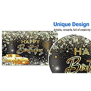 Funnytree Money Birthday Backdrop Dollar Bill Diamond Bday Party Black and Gold Car Champagne Background Supplies Banner Cake Table Decor Props Gifts Photobooth