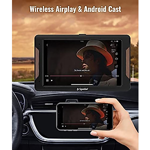 Spedal 7 Inch Wireless Apple CarPlay and Android Auto, Portable Car Stereo with Mirror Link, Multimedia Player, Bluetooth, AUX/FM, Google and Siri Assistant, Dash or Windshield Mounted