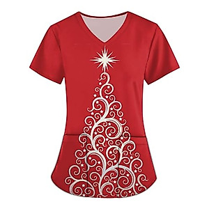 Scrub Top for Women Short Sleeve Workwear Quick-Drying Print Nurse Uniforms Easy Tops Mock Wrap Scrubs for Women(1-Red,X-Large)