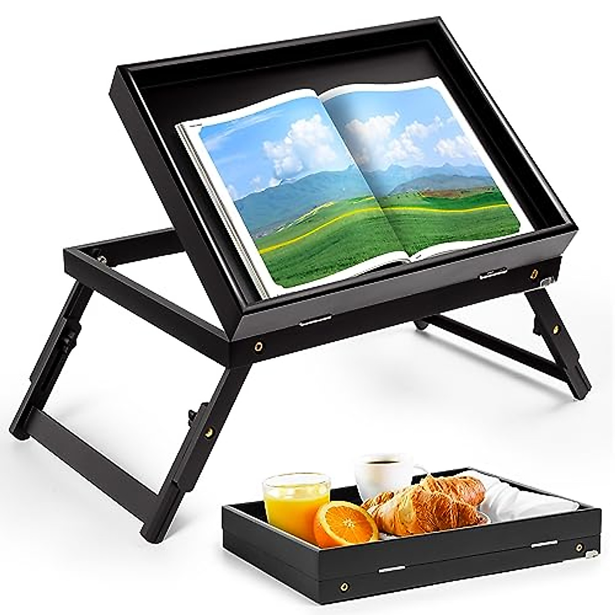 Greenual Bed Tray Table Breakfast Food Tray with Folding Legs Serving Tray for Laptop Desk, Bed, Sofa, Platters, TV, Snack, Eating Tray(Black, Medium)