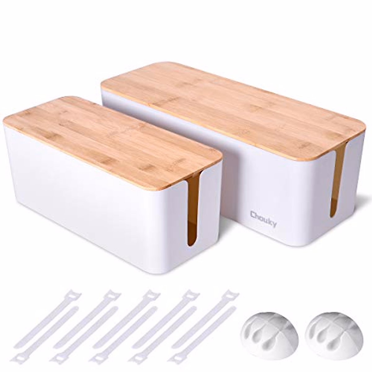 2 Pack Large Cable Management Box – Wooden Style Cord Organizer Box and Cover for TV Wires, Computer, Router, USB Hub and Under Desk Power Strip – Safe ABS Material and Baby-Pets Proof Lock (White)