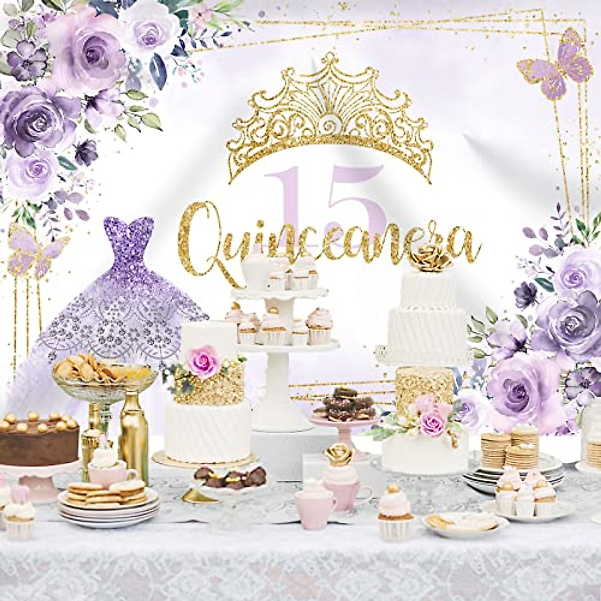 Rsuuinu Quinceañera 15th Birthday Backdrop Purple Floral Rose Gold Spots Photography Background Mexico Flower Fifteen Crown Princess Birthday Party Decorations Banner Supplies Photo Booth Props 7x5ft