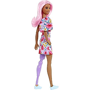 Barbie Fashionistas Doll #189 with Prosthetic Leg, Pink Hair, Floral Dress, Sneakers & Sunglasses Accessory