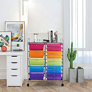 GOFLAME 15-Drawer Rolling Storage Cart, Multipurpose Movable Organizer Cart, Utility Cart for Home, Office, School (Multicolored & Clear)