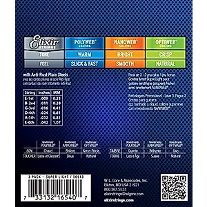 Elixir® Strings 16540 Electric Guitar Strings with NANOWEB® Coating, 3 Pack, Super Light (.009-.042)