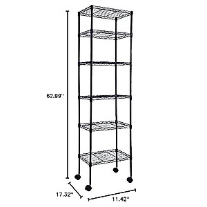 YSSOA Heavy Duty 6-Shelf Shelving with Wheels, with Hanging Hooks, Wire Shelving, Adjustable Storage Units, 17'' D x 11'' W x 63'' H, 6 Tier, Black
