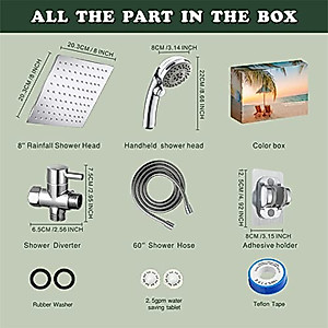 Shower Head with handheld, High Pressure 8'' Rainfall Stainless Steel Handheld Shower with ON/OFF Pause Switch Shower Combo with hose,Adhesive Shower Head Holder