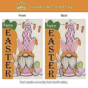 CROWNED BEAUTY Happy Easter Garden Flag Pink Gnome 12×18 Inch Double Sided Carrots Eggs Outside Vertical Holiday Yard Decor