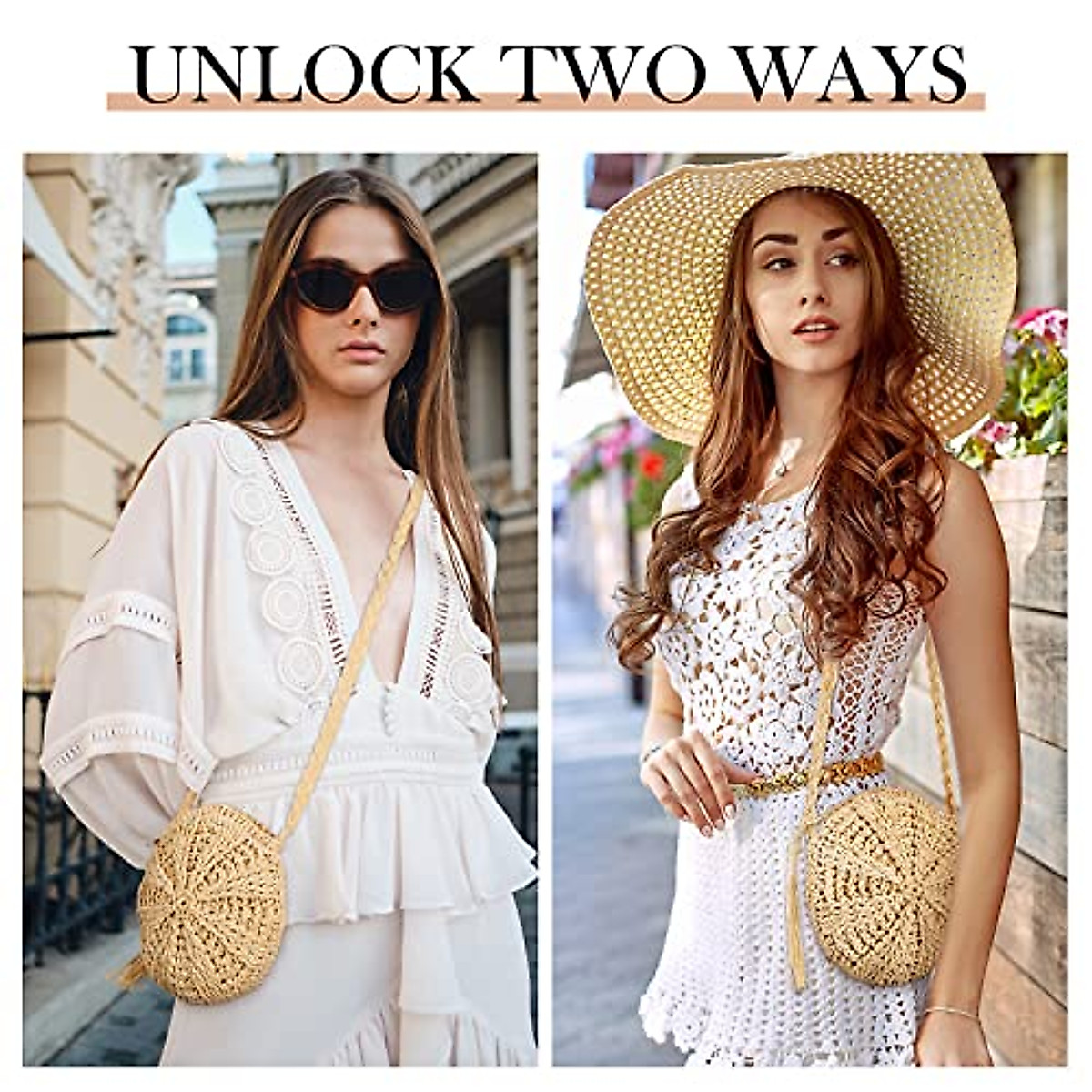 Straw Purses Bags Woven Summer Clutch Purses Crossbody Shoulder Handbag Bag with 4 Pairs Earrings Rattan Boho Earrings for Women Girl (Round Tassel Style)