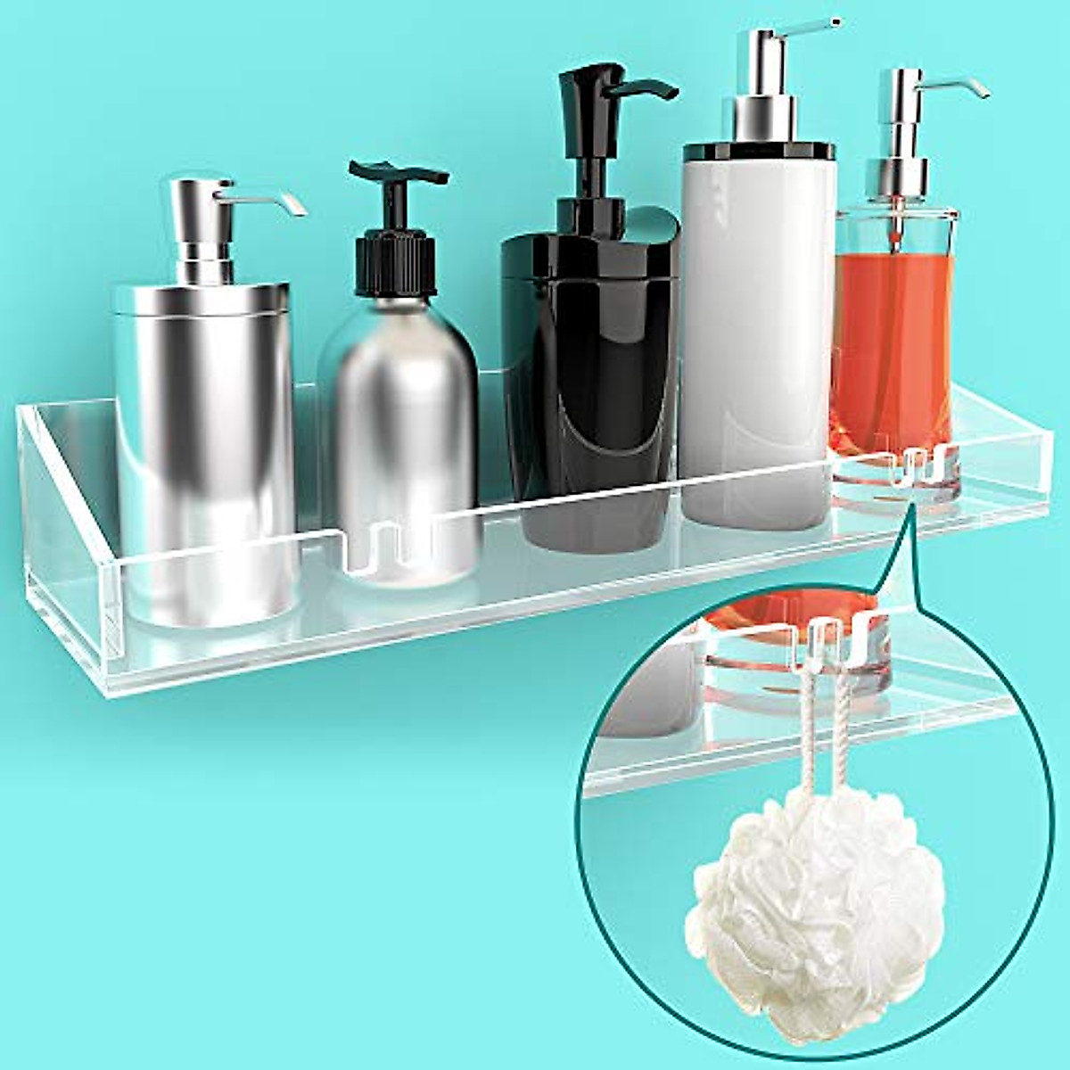 Vdomus Acrylic Bathroom Shelves 2-Pack, Wall Mounted Shower Shelve No Drilling Adhesive Thick Clear Storage & Display Shelves, Bathroom or Bedroom Organization (Upgraded)