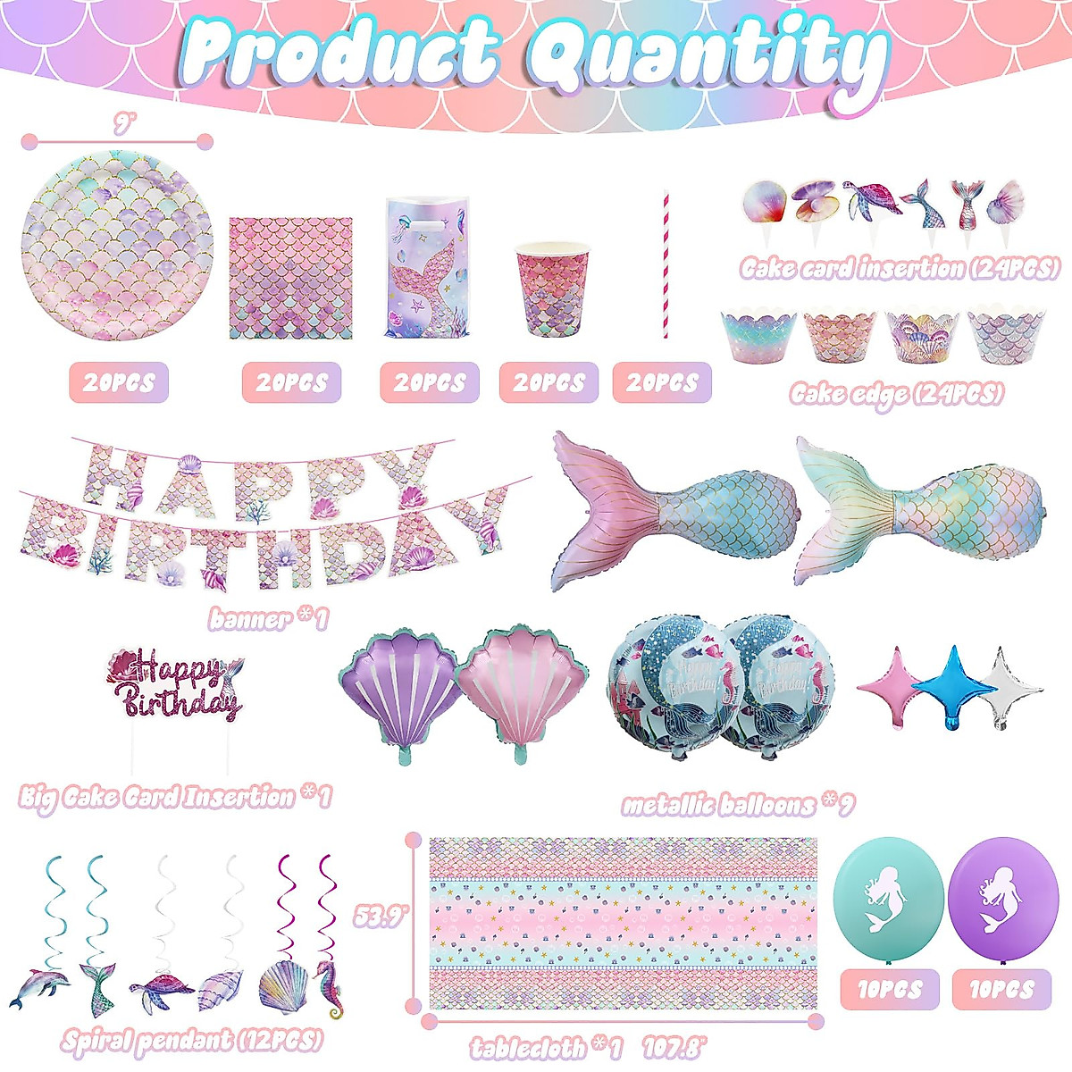 192pcs Mermaid Birthday Party Decorations, Happy Birthday Little Mermaid Theme Party Supplies Including Balloons Banner Tablecloth Plates Cups Napkins Cake Topper Gift Bag for Girls Kids Serve 20