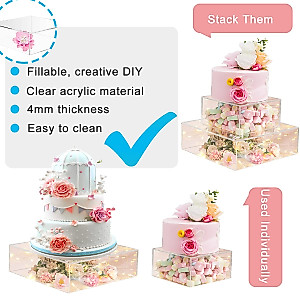 HeiMma 2 Set Clear Acrylic Cake Stands for Dessert Table 12” and 8” Fillable Cake Box Risers for Buffet Table, Square Cake Stand for Wedding Birthday Party, Hollow Bottoms…