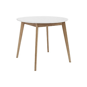 DAIVA CASA Orion Round Table for 4 Person - Birch Solid Wood Kitchen & Dining Room Furniture - Mid Century Modern Scandinavian Style – White Brown Table 37 inch