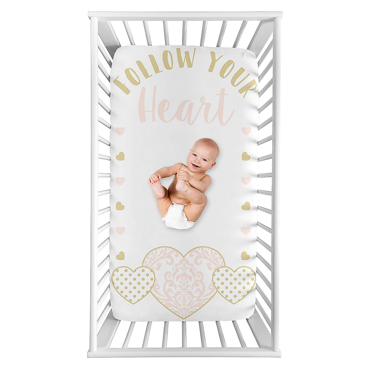 Sweet Jojo Designs Damask Heart Girl Fitted Crib Sheet Baby or Toddler Bed Nursery Photo Op - Blush Pink, Gold and White Polka Dot Amelia Collection
