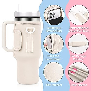 Water Bottle Carrier Bag with Pouch Compatible with Stanley 40oz Tumbler with Handle, Water Bottle Pouch for Stanley Quencher H2.0 Flowstate, Stanley Adventure Quencher, Simple Modern 40 oz Tumbler