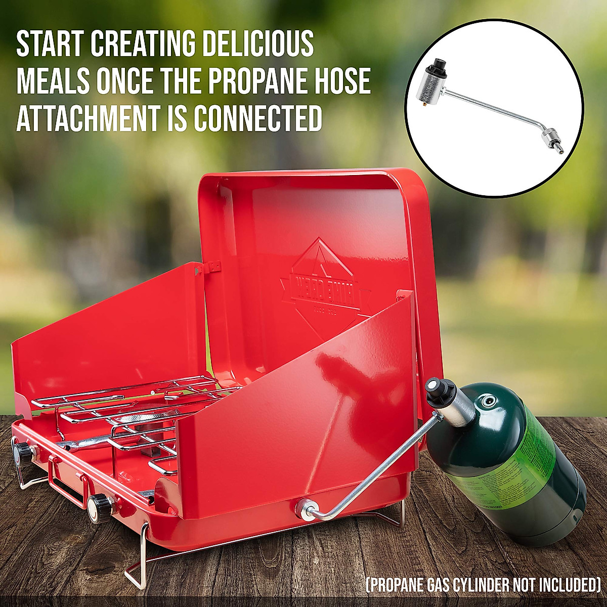 Hike Crew Gas Camping Stove | Portable Double Propane Burner | Built-in Carrying Handle, Foldable Legs & Wind Panels | Includes Regulator Tube