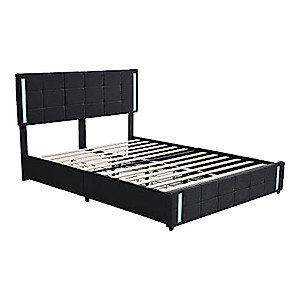 Harper & Bright Designs Queen Size Upholstered Platform Bed with LED Lights and USB Charger, Queen Storage Bed, Linen Platform Bed Frame with 4 Drawers, for Kids Teens Adults (Dark Gray)