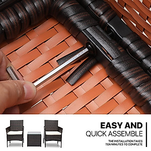 MoNiBloom 3 Pieces Patio Furniture Set, Outdoor Conversation PE Rattan Furniture Front Porch Set with Washable Cushion and Tempered Glass Tabletop for Garden Poolside Balcony, Capacity 250 lbs, Brown