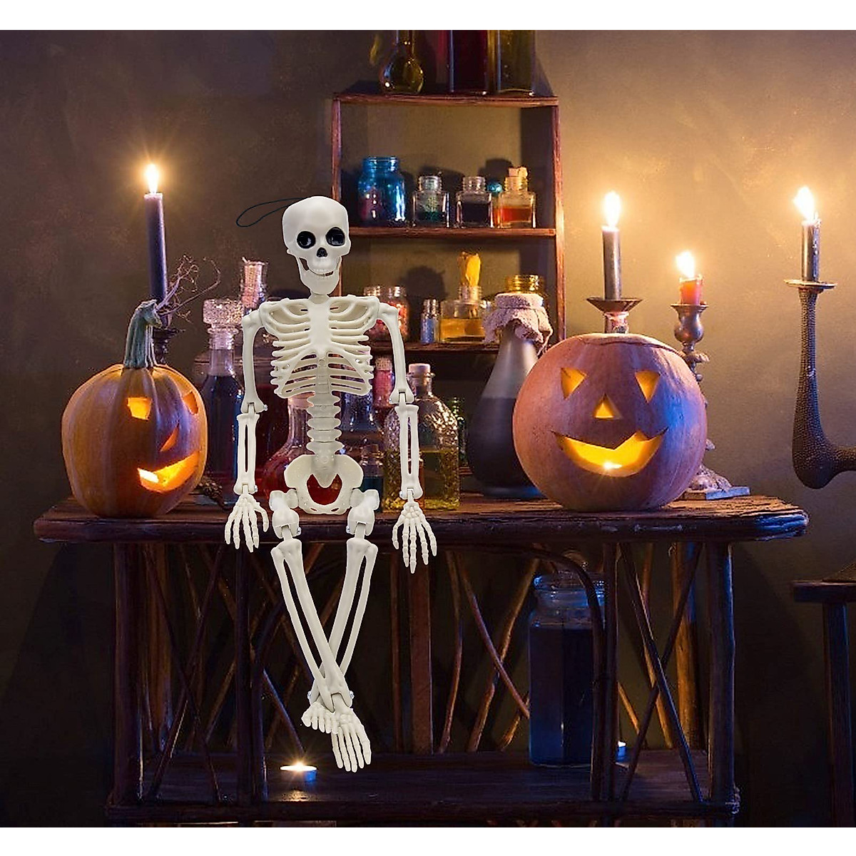 2PCS Skeleton Halloween Decorations, 16" Full Body Posable Skeleton with Movable Joints for Halloween Party Haunted House Outdoor Yard Tree Desk Decor, Holiday Scary Toys Prizes Gifts for Kids