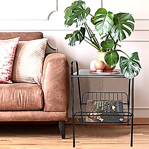 Jbikao Black End Table Set of 2, Record Player Stand Rectangle Shaped Side Table, Nightstand for Living Room, Metal