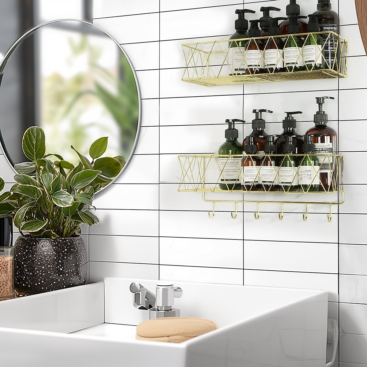 THCOFUUD Gold Shower Caddy, 5 Pack Rustproof Stainless Steel Organizer With Soap Holder & 2 Razor Hooks, Wall Mounted Shelves, Adhesive Rack, Large Capacity Basket for Storage, Gold Decor