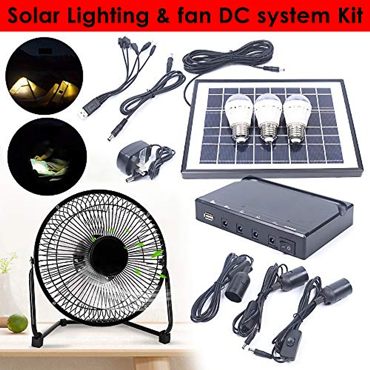 DYRABREST Solar Generator Portable Lighting System Kit, Solar Powered Panel+Fan+3x1W 12V Bulbs