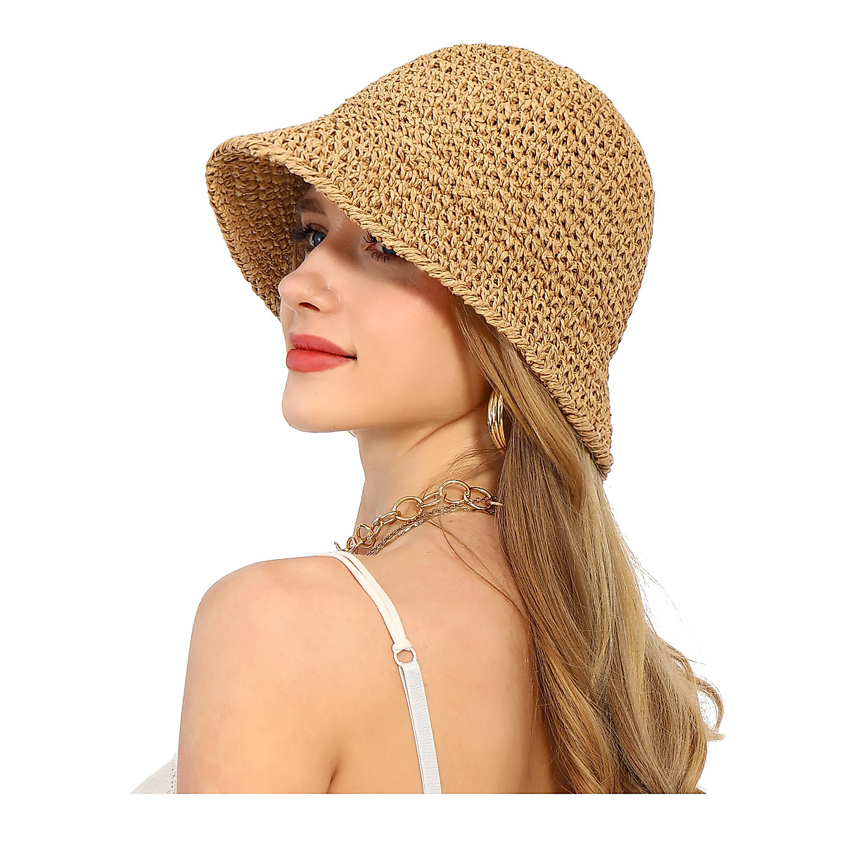 Rulala Fancy Womens Sun Hat Handmade Straw Bucket UV Protection Wide Brim Packable Travel Summer Cap for Beach UPF 50+(Khaki)