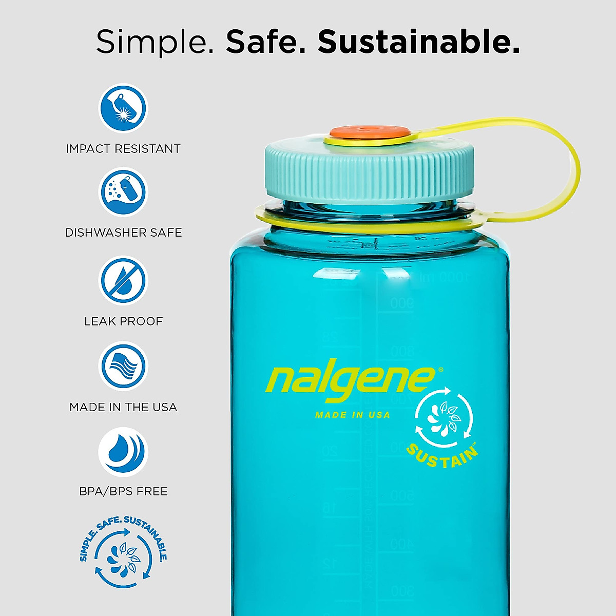 Nalgene Sustain Tritan BPA-Free Water Bottle Made with Material Derived from 50% Plastic Waste, 32 OZ, Wide Mouth, Trout Green