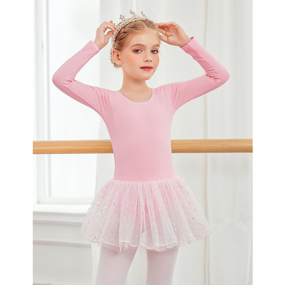 Zaclotre Girls Ballet Tutu Long Sleeve Leotards Dance Dress Ballerina Costume with Skirt Pink Size 4-5 Toddler