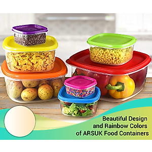 ARSUK Plastic Food Containers Set with Airtight Lids 7 PCs, Kitchen Storage Organization Stackable Containers for Lunch Snacks Sandwich Sauces, BPA Free Microwave Freezer Dishwasher Safe